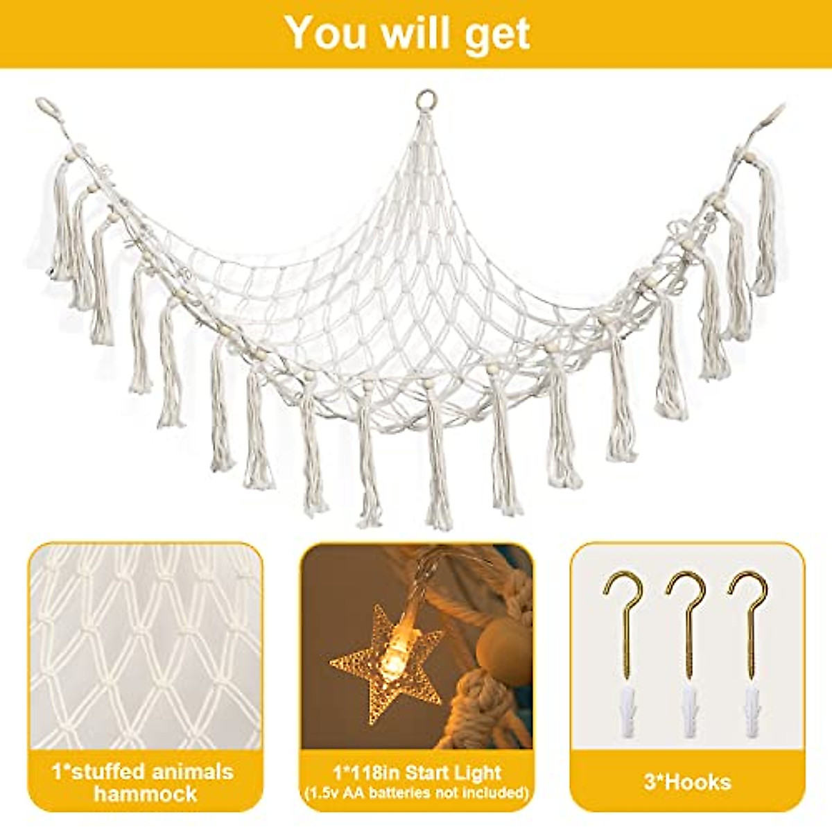 Auksay Stuffed Animal Net or Hammock with Star Light,Plush Toy Triangle Hanging Storage Net,Stuffed Animal Storage Stand with Hooks,Hanging Storage Net for Kids Room Decoration Girl Plush Toys-White