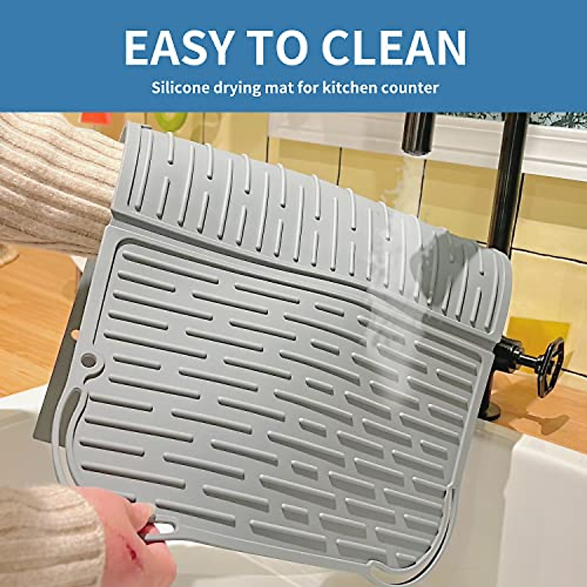 Yatmung Collapsible Silicone drying mat for Kitchen Counter - Non-Slip dish drying pad with hook and retaining band - Foldable design ( 24" x 13" ) to（ 8" x 13" ）- Large rubber rack mat（ Grey ）