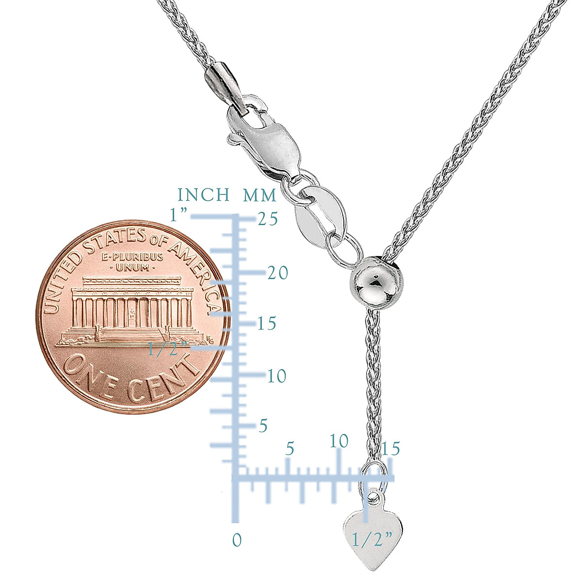Jewelry Affairs 14k White Real Gold Adjustable Wheat Chain Necklace, 1.0mm, 22"