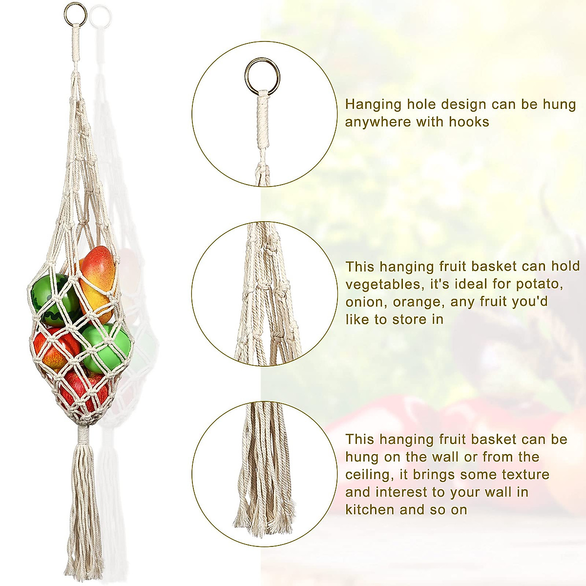 Geiserailie 2 Pieces Hanging Fruit Basket Macrame Hanging Basket Vegetable Breathable Storage decor for Potato Onion and Fruit Storage Boho Decor for Kitchen