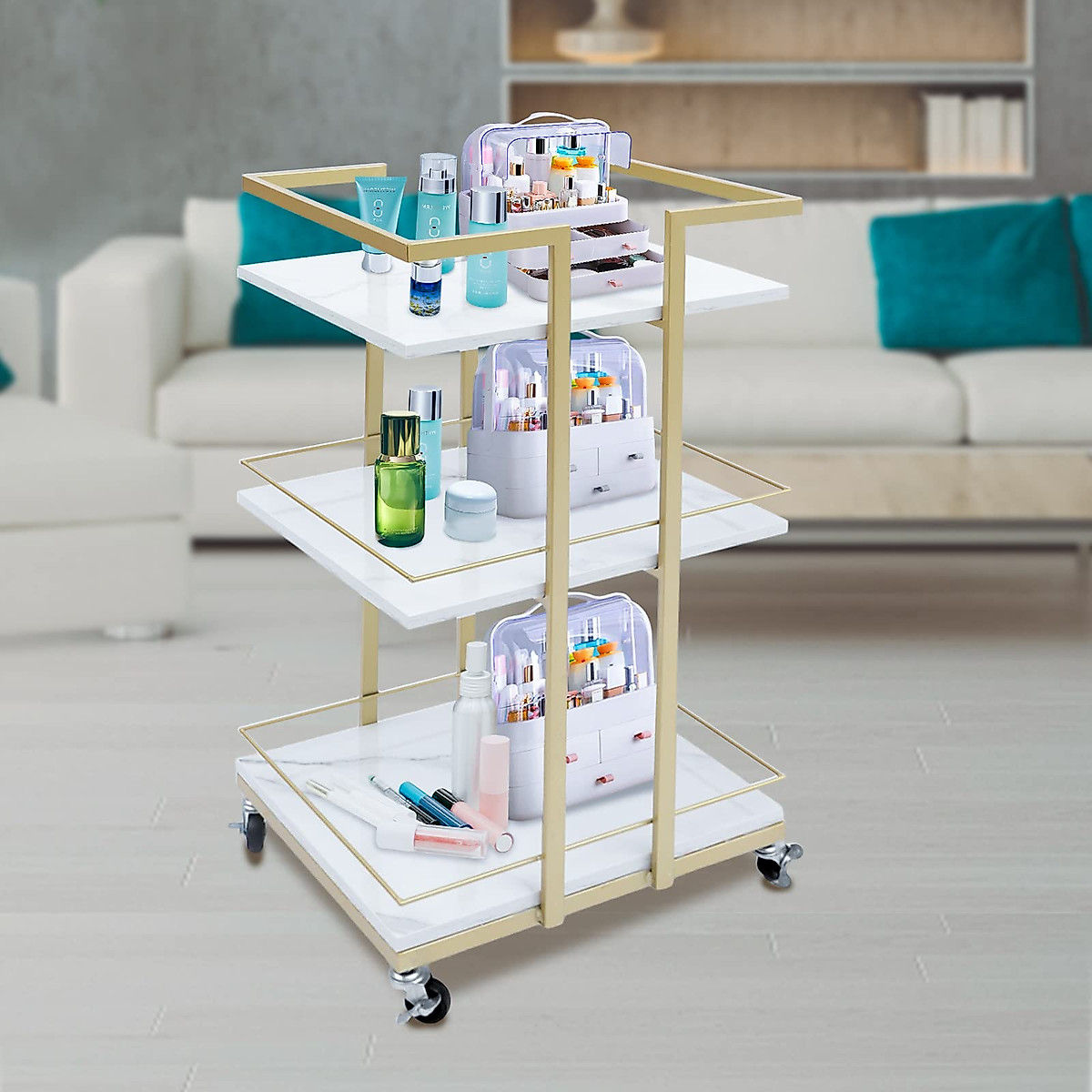 3 Tier Rolling Cart, Utility Manicure Trolley, Open Design Metal Storage Rolling Barber Cart for Kitchen, Living Room, Studio, Bedroom, Balcony, Universal Wheels with Lock
