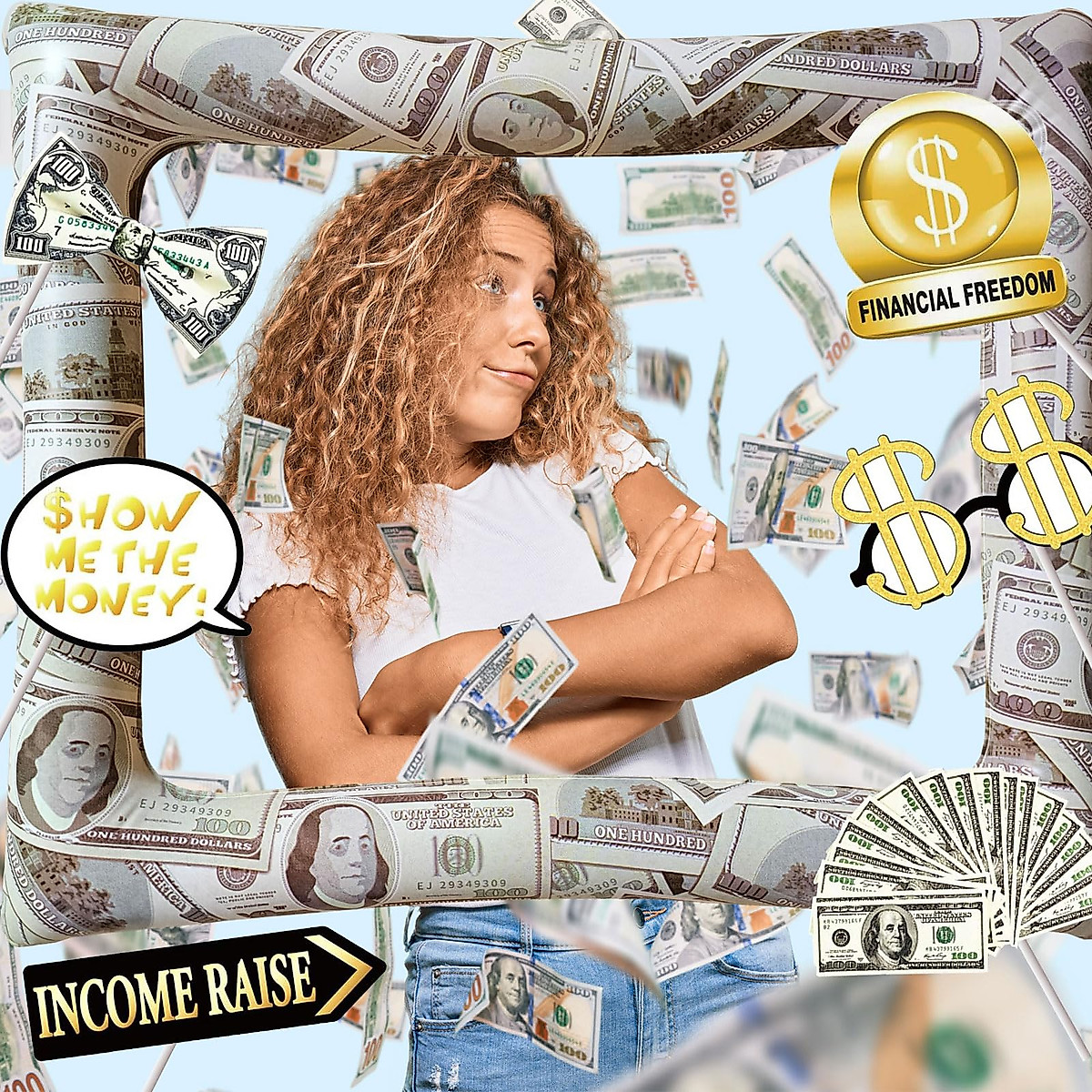 Money Party Inflatable Photo Booth Selfie Frame & Photo Props Set Giant Bill Dollar Party Blow Up Picture Frame for Birthdays Casino Weddings Bachelorette Retirement Graduations Party Decor