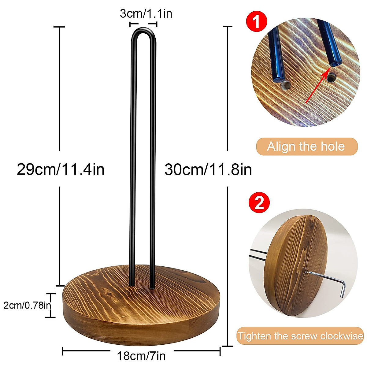 Farmhouse Paper Towel Holder with Wood Base, Wooden Paper Towel Holder Countertop, Rustic Kitchen Paper Towel Stand Fits Standard and Jumbo Size