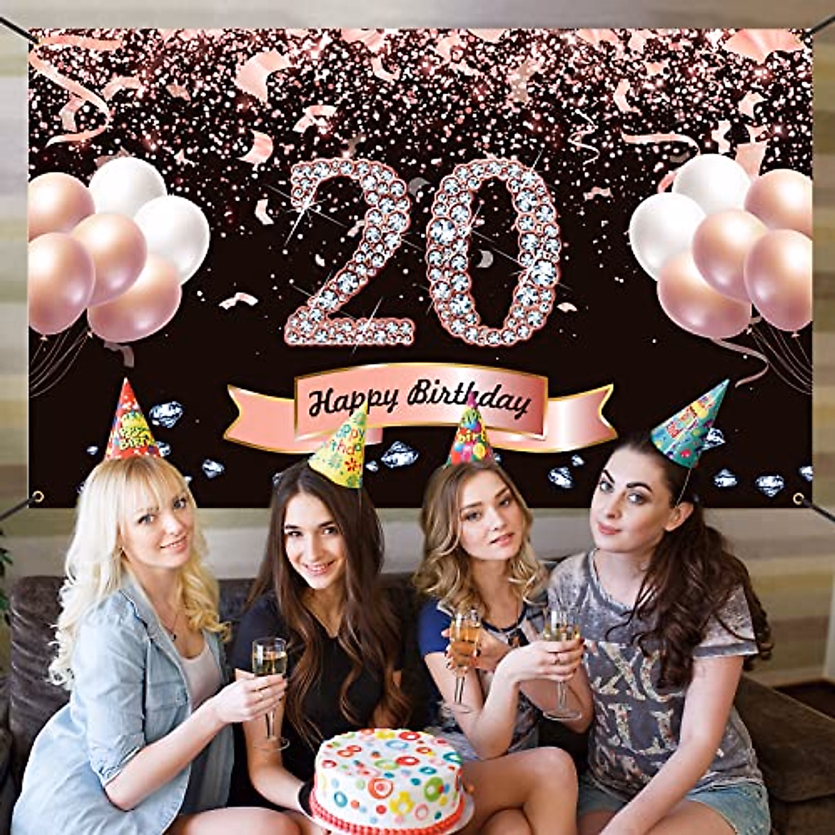 Trgowaul 20th Birthday Decorations for Women - Rose Gold 20th Birthday Backdrop for Women 5.9 X 3.6 Fts 20 Year Old Birthday Party Photography Supplies Background Happy 20th Birthday Banner