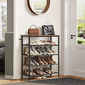 TUTOTAK Shoe Rack 5 Tier, Narrow Shoe Organizer for Closet Entryway, with 4 Fabric Shelves and Top for Bags, Shoe Shelf, Steel Frame, Industrial, Rustic Brown and Black SR01BB022