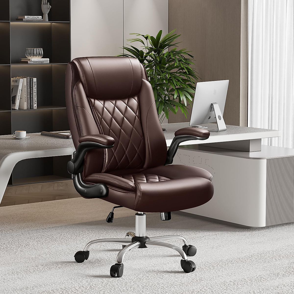 Shahoo Executive Office Chair, Ergonomic High Back with Adjustable Flip-up Armrest, Swivel Leather-Papped Seats with Lumbar Support, Brown