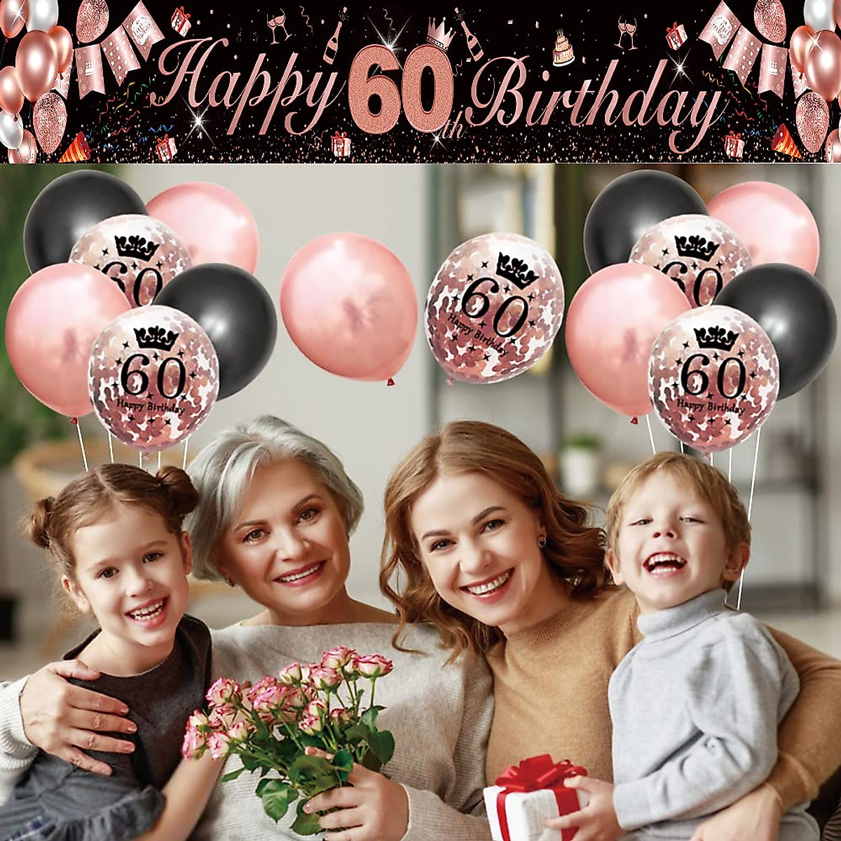 60th Birthday Decorations for Women, Rose Gold Happy 60th Birthday Banner Yard Sign, Black Rose Gold 60th Birthday Balloons for 60th Birthday Anniversary Party Decorations Supplies (9x1.2ft)