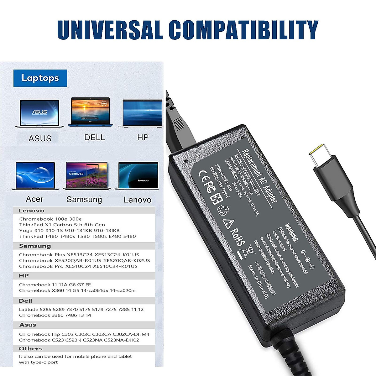 45W Type C USB C Laptop Charger Adapter Fit for Dell XPS 13 9333 9370 9360 9350 9365 9380 Latitude 13 3380 3390 3379 7350 7368 7370 7389 7390 2-in-1 Latitude 14 5490 7490 Latitude 15 5590 7569 Series