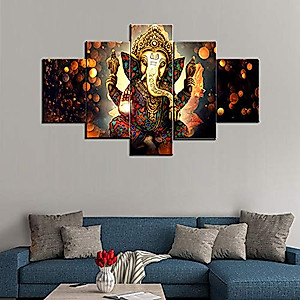 TUMOVO Ganesha Paintings House Decorations Living Room 5 Pieces/Panel Canvas Wall Art Lord Ganesha Pictures Posters and Prints,Modern Artwork Home Decor-with Wooden Frame Ready to Hang(60''Wx40''H)