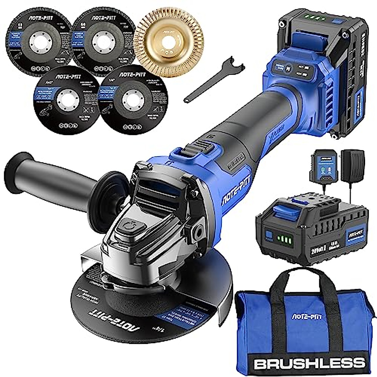 Cordless Angle Grinder Brushless, 20V MAX 4.0Ah Battery Powered Angle Grinder, AOTE-PITT 4-1/2 Inch Electric Grinder Power Tools with Handle, Grinding Wheel, Cutting Wheel, Flap Disc and Carving Disc