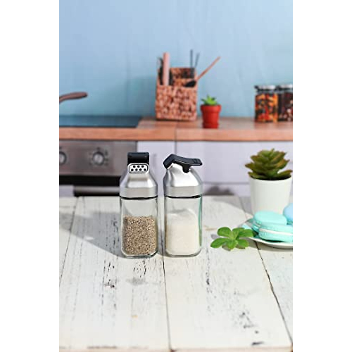 J&M Design Glass Salt and Pepper Shakers Set with Moisture Free Plastic Flip Lid for Kitchen Countertop or Travel Spice Seasoning Use - Set Of 2 Refillable Bottle Dispenser Container Shaker