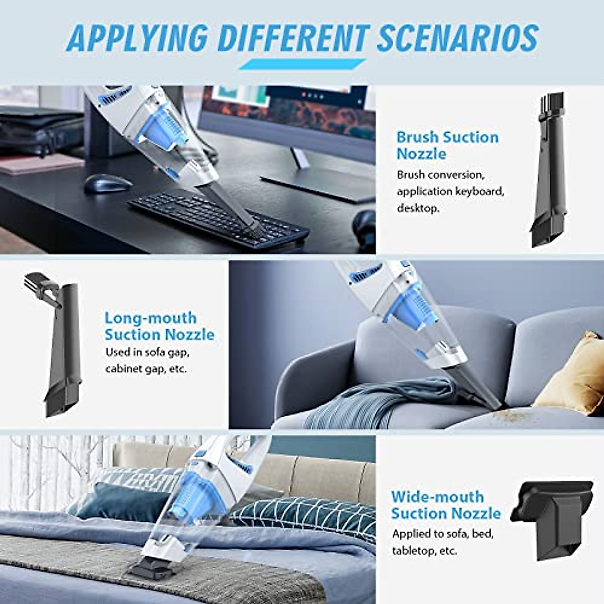 Handheld Vacuum Cordless, Powerful Suction Car Hand Held Vacuum Cleaner with Large-Capacity Battery, Hand Vacuum Cordless Rechargeable for Pet Hair Keyboard Dust Office and Home Cleaning-Blue