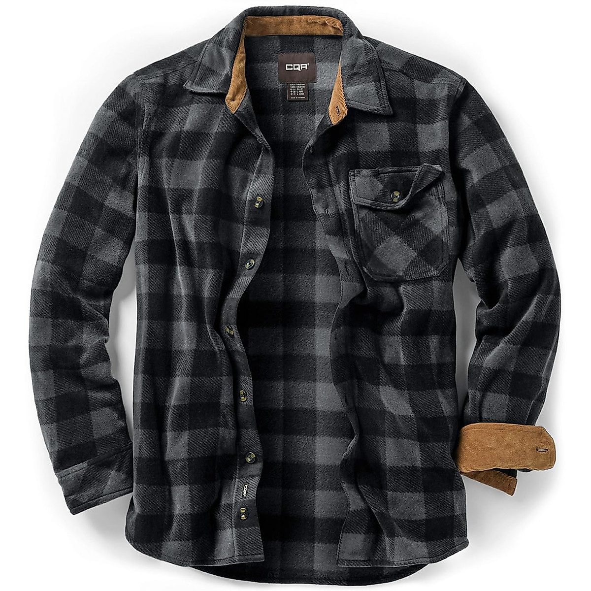 CQR Men's Long Sleeve Heavyweight Fleece Shirts, Plaid Button Up Shirt, Warm Outdoor Casual Shirt with Pockets, One Pocket Charcoal, Medium