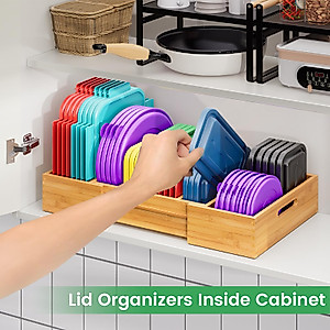 Kiasthome Expandable Bamboo Lid Organizers Inside Cabinet, Kitchen Cabinet Organizers with 3 Adjustable Dividers, Storage Plastic Lids, Food Container Lid Holder Organizer for Drawer Pantry, Nature