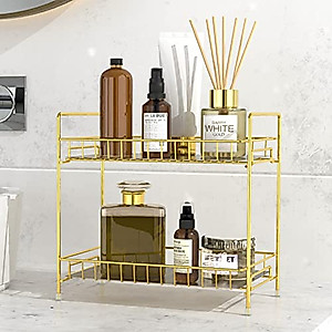 2 Tier Bathroom Organizer Countertop with Transparent Liner, Perfume Tray Vanity Makeup Organizers and Storage or Kitchen Spice Rack Corner Countertop Shelf Cosmetic Holder -Gold