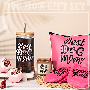 Mumufy 7 Pcs Dog Mom Cup Gifts 20 oz Coffee Glass Tumbler with Bamboo Lid Straw Brush Makeup Bag Socks Scented Candle Bath Salt Ball for Puppy Dog Lover Veterinarian Coffee Lovers Christmas Gifts