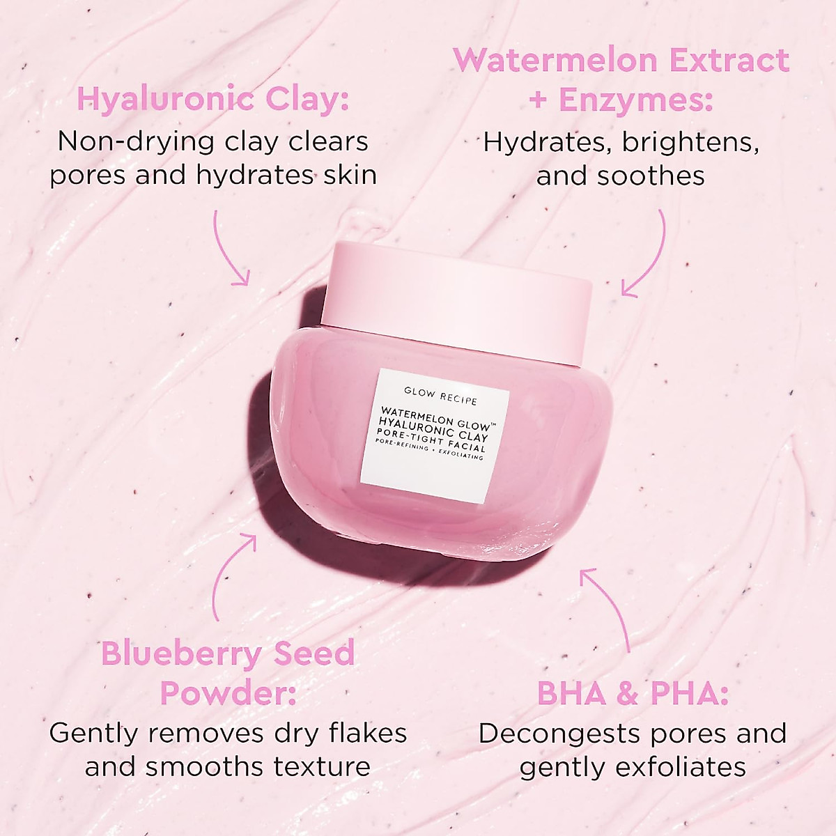 Glow Recipe Clay Mask for Face - Pore Minimizer Facial Mask with Hyaluronic Acid, Kaolin Clay, PHA & BHA - Hydrating, Brightening & Exfoliating Mask for All Skin Types - (2.03oz/60mL)