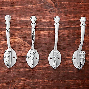 Vintage Cast Iron Wall Hooks (Antique White Finish, Set of 4) - Rustic, Farmhouse, Shabby Chic, French Country Coat Hooks | Great for Coats, Bags, Towels, Hats | Heritage Select
