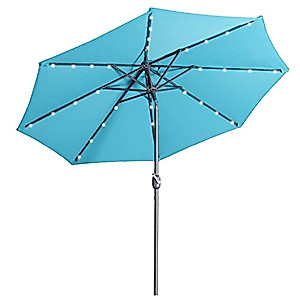 Aok Garden 9 ft Patio Umbrella with Solar Lights Outdoor 32 LED Table Aluminum Pole Umbrella 8 Ribs with Push Button Tilt and Crank for Market, Deck, Backyard and Pool (Blue)
