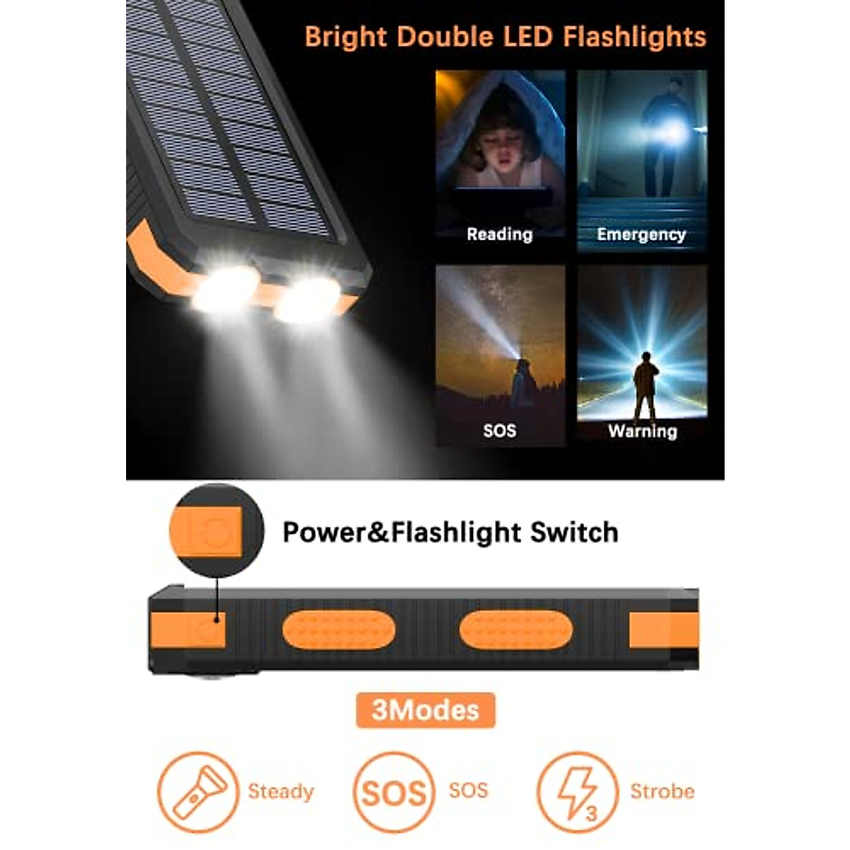 Solar Charger 20000mAh Power Bank Portable Solar Phone Charger, Camping Waterproof External Battery Charger for Cell Phone, 2 USB/LED Flashlight with Compass for Outdoor Activities