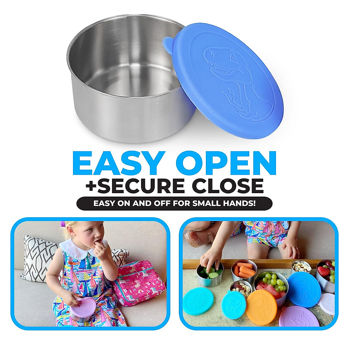 Dinosaur Stainless Steel Snack Containers for Kids Toddlers, Lunch Box Cups for Boys, Reusable Metal Holder Cup with No-Spill Silicone Lids, Food Storage for Daycare School Travel Snacks 3 pack Blue