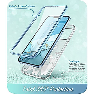 i-Blason Cosmo Series for iPhone 13 Pro Max Case 6.7 inch (2021 Release), Slim Full-Body Stylish Protective Case with Built-in Screen Protector (Blue Butterfly)