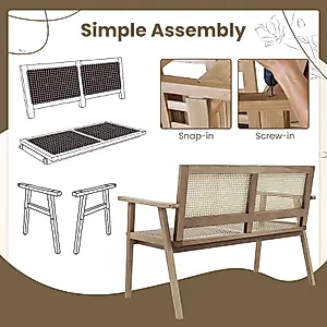 Tangkula Outdoor Teak Wood Garden Bench, 2-Person Patio Bench with Armrests, Rattan Backrest & Seat, Patio Garden Bench for Porch, Lawn, Balcony and Backyard, Natural