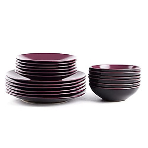 HomeVss Stoneware Two-Tone Colors Life 18pc Dinner Set，Outside Shiny Black + Inside Matte Glaze Plum