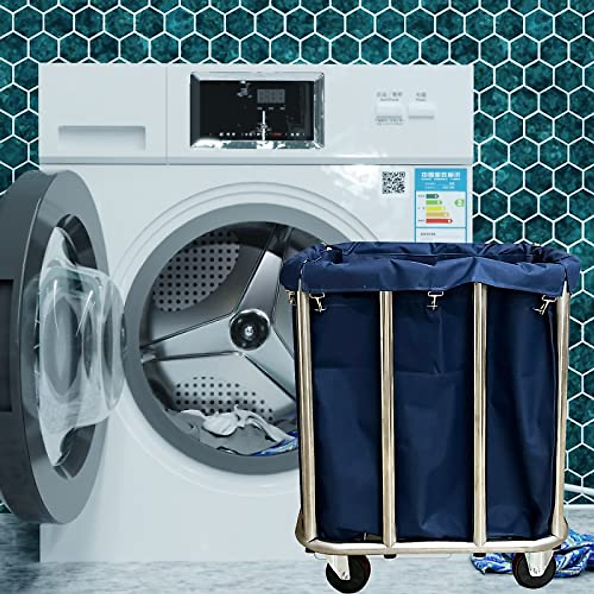 XIJIXILI Commercial Laundry Cart with Wheels Metal Laundry Basket Industrial Rolling Laundry Hamper Removable Liner Bag 160 LB Weight Capacity