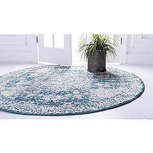Rugs.com Dover Collection Rug – 5 Ft Round Turquoise Low-Pile Rug Perfect for Kitchens, Dining Rooms