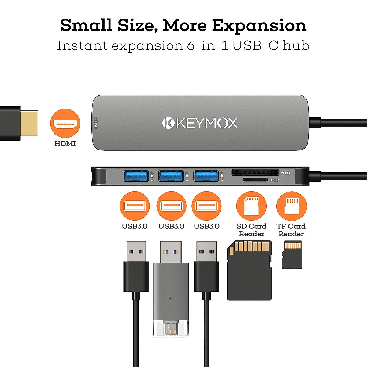 KEYMOX USB C Hub HDMI, MacBook Pro Multiport Adapter USB C Dongle, 4K USB-C to HDMI, 3 USB 3.0 Ports and SD/TF Cards Reader for MacBook Air Pro ChromeBook Pixel Matebook XPS (AZDS283)