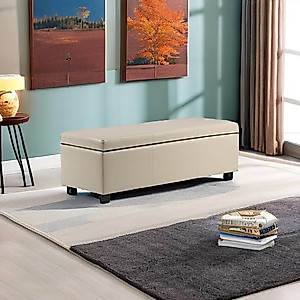 SIMPLIHOME Avalon 48 inch Wide Contemporary Rectangle Storage Ottoman Bench in Satin Cream Vegan Faux Leather, Assembled, for the Living Room, Entryway and Family Room