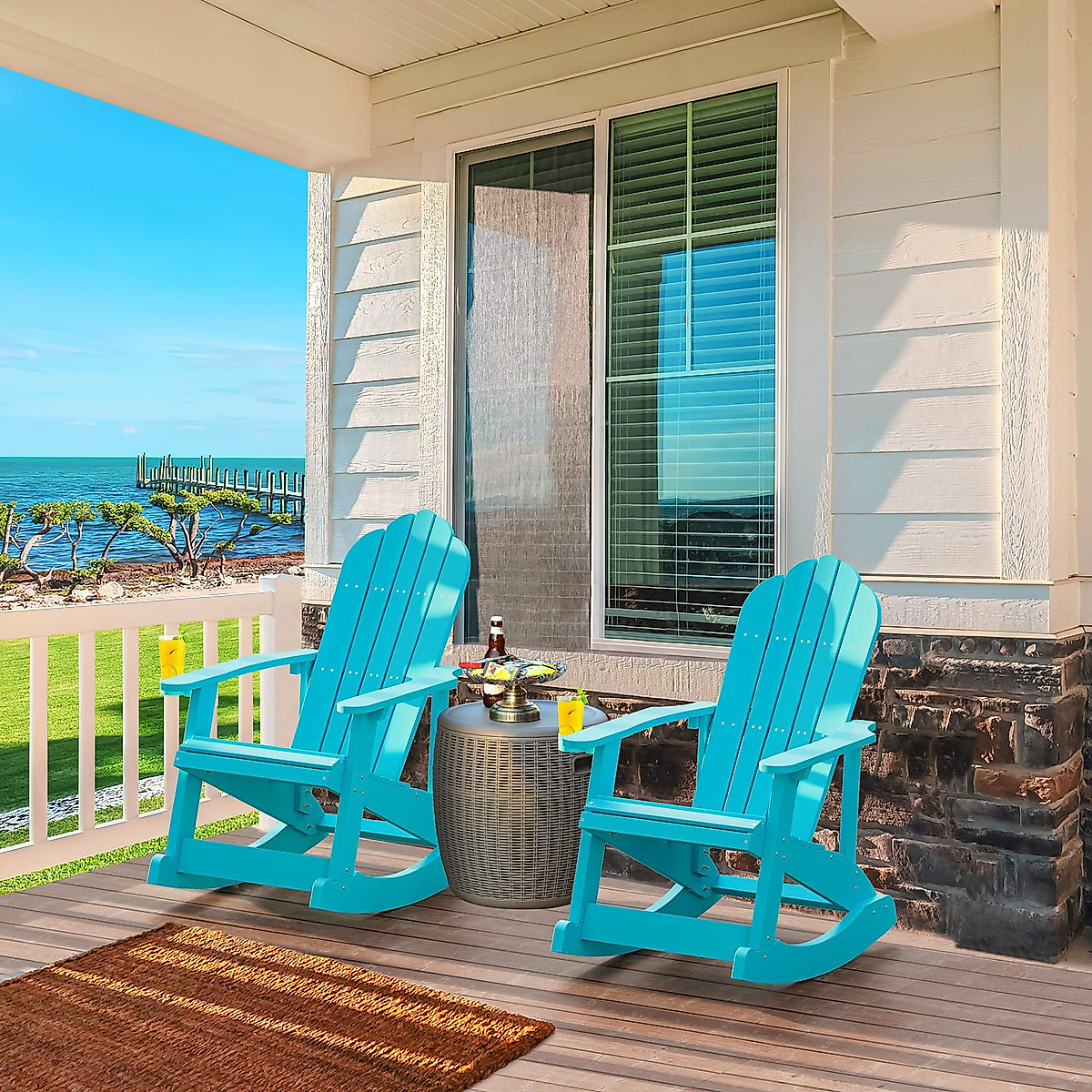 YITAHOME Outdoor Rocking Adirondack Chair, Heavy Duty Plastic Rocking Chairs with Rotatable Cup Holder, Oversized Rocker Chair for Garden Lawn Yard Patio Deck Backyard Pool Porch Beach Fire Pit