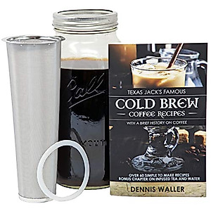 Cold Brew Coffee Maker Starter Kit - Half Gal Mason Jar | Stainless Filter Basket | Ceramic Burr Grinder | Half Pound Certified Organic Whole Bean Cold Brew Blend | Recipe & Instruction Book