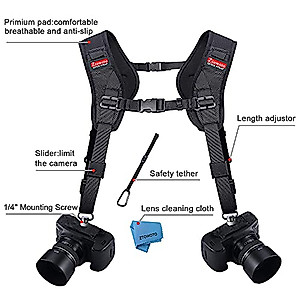 ztowoto Camera Shoulder Double Strap Harness Quick Release Adjustable Dual Camera Tether Strap with Safety Tether and Lens Cleaning Cloth for DSLR SLR Camera