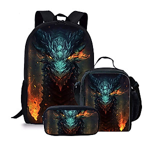 Amzbeauty Cool Dragon Backpack with Lunch Bag Pencil Case, 3 Pcs Bookbags Sets, Best Gifts for school children/Kids/Boys/Girls