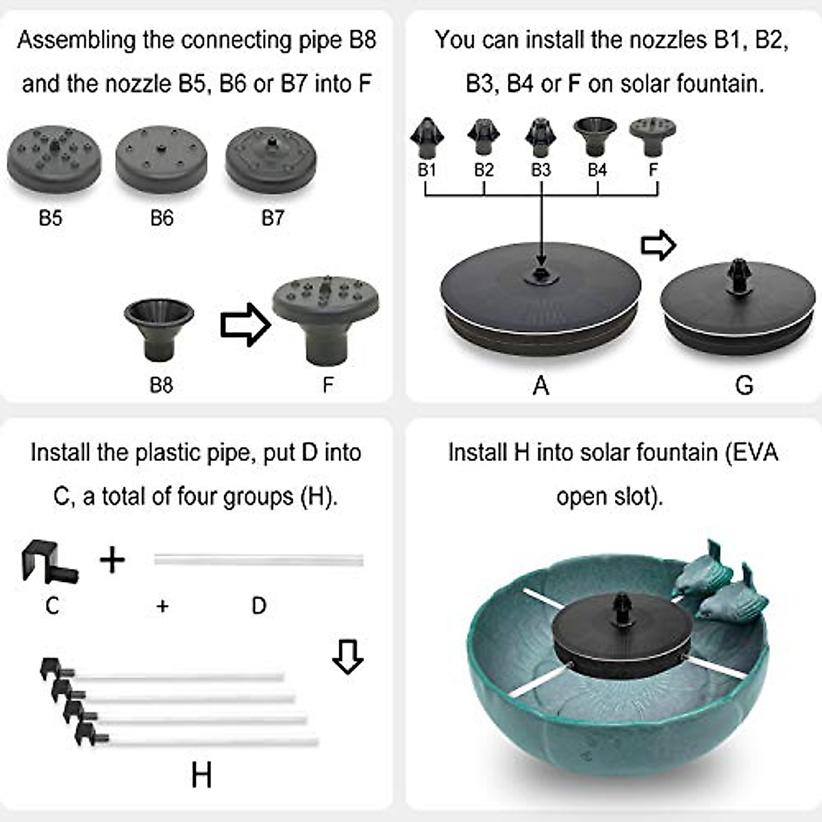 Cocofit Upgraded 3W Solar Fountain Pump with Battery Backup, 4 Fixers and 8 Nozzles, Floating Solar Powered Fountain Pump for Bird Bath Garden Pond Pool Fish Tank, Outdoor Solar Bird Bath Fountain