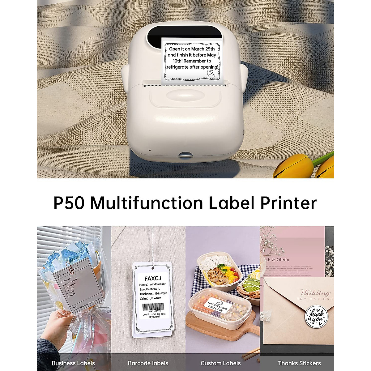 Label Maker Machine with Tape P50 - 2 Inch Portable Barcode Label Printer, Bluetooth Label Stickers Machine for Clothing, Jewelry, Retail, Address, Barcode, QR Code, Home, Office