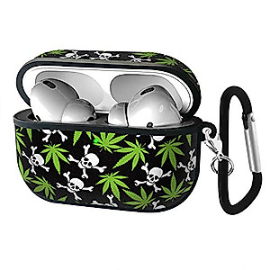 Slim Form Fitted Printing Pattern Cover Case with Carabiner Compatible with AirPods Pro 2019 / Mariguana Leaf Weed and Skull Pattern