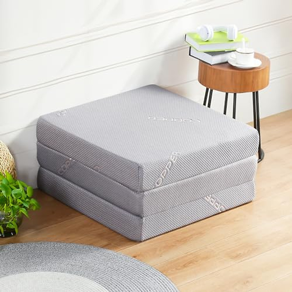 Olee Sleep Tri-Folding Antibacterial Memory Foam Mattress Topper, 4 Inch Copper Bamboo Gel Folding Mattress, Washable Cover, CertiPUR-US Certified, Soft, Grey, Single Size