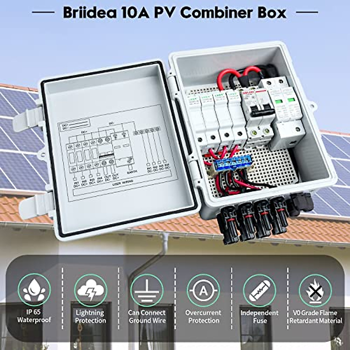 Solar Combiner Box, Briidea PV Combiner Box 4 String with 10A Circuit Breakers & Lightning Arreste for Solar Panels, IP 65 Waterproof
