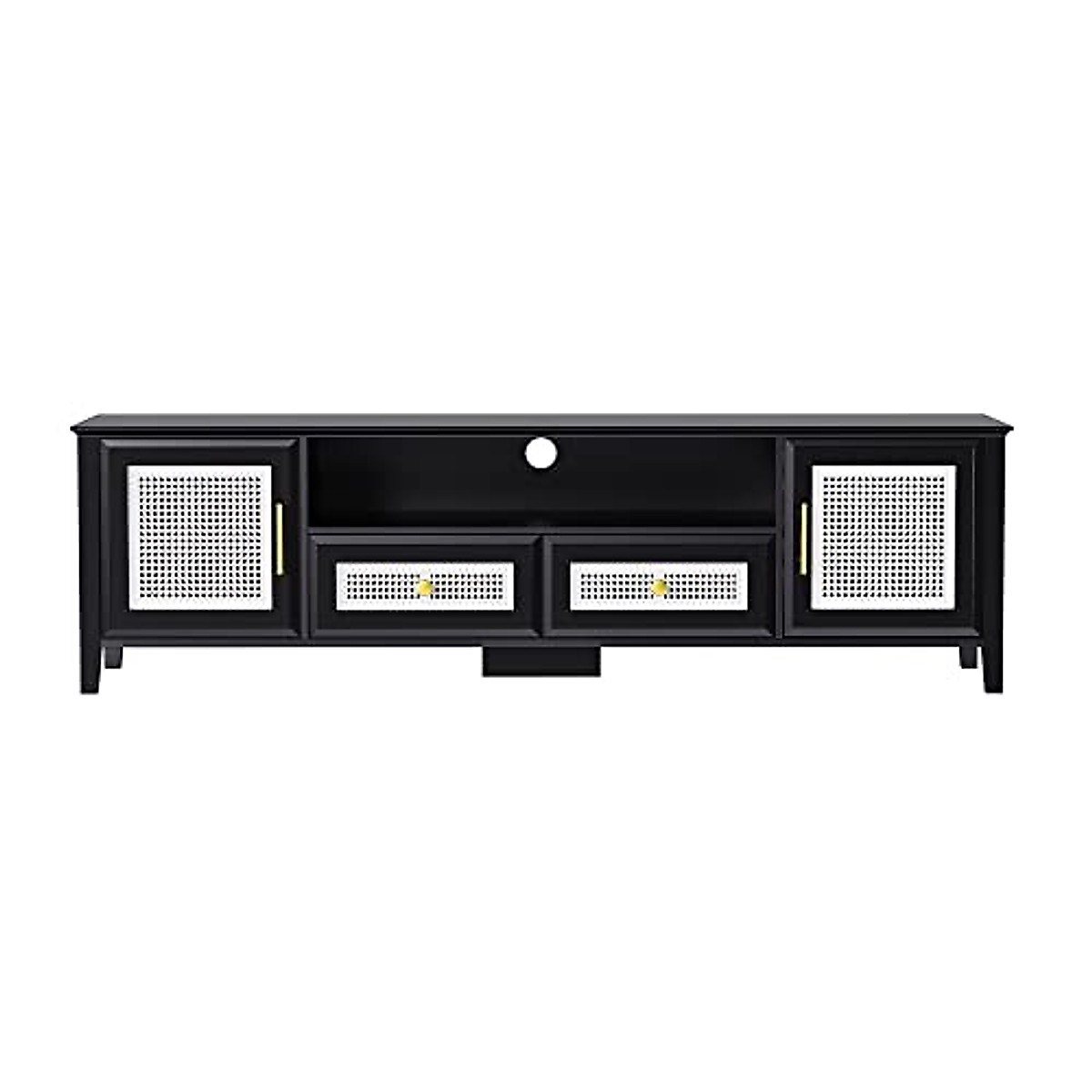 LZ LEISURE ZONE Farmhouse Rattan TV Stand for TVs up to 65", Boho Style Entertainment Center with Gold Metal Handles, Modern TV Console Table with Drawers and Cabinets for Living Room, Black