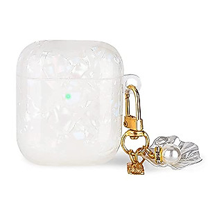 Airpods Case Cover, Full Protective Glitter TPU Soft Cute Airpod Case Cover with Pearl Keychain Compatible with Airpods 2 &amp;1 for Girls Teens Women (White/Pearl)