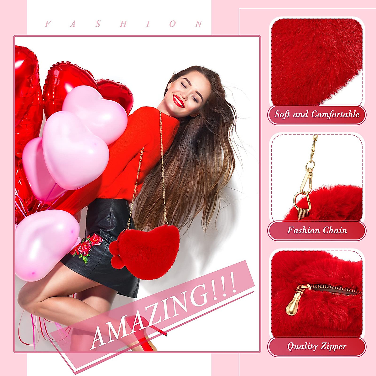 Saintrygo 2 Pcs Valentines Day Furry Purse Heart Shaped Purse Women Soft Fluffy Faux Fur Handbag Gift for Christmas(Red, Black)