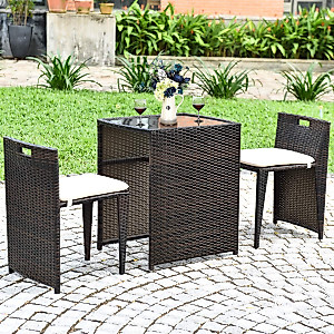 Tangkula 3 Piece Outdoor Rattan Dining Set, No Assembly Patio Bistro Set with Tempered Glass Table, Space Saving Patio Wicker Cushioned Chair Furniture Set for Courtyard, Balcony, Garden (Brown)