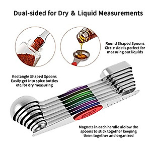 TILUCK Magnetic Measuring Spoons Set, Stainless Steel Dual Sided Spoons Set of 8, Stackable Teaspoon Tablespoon (Color, Rectangle)