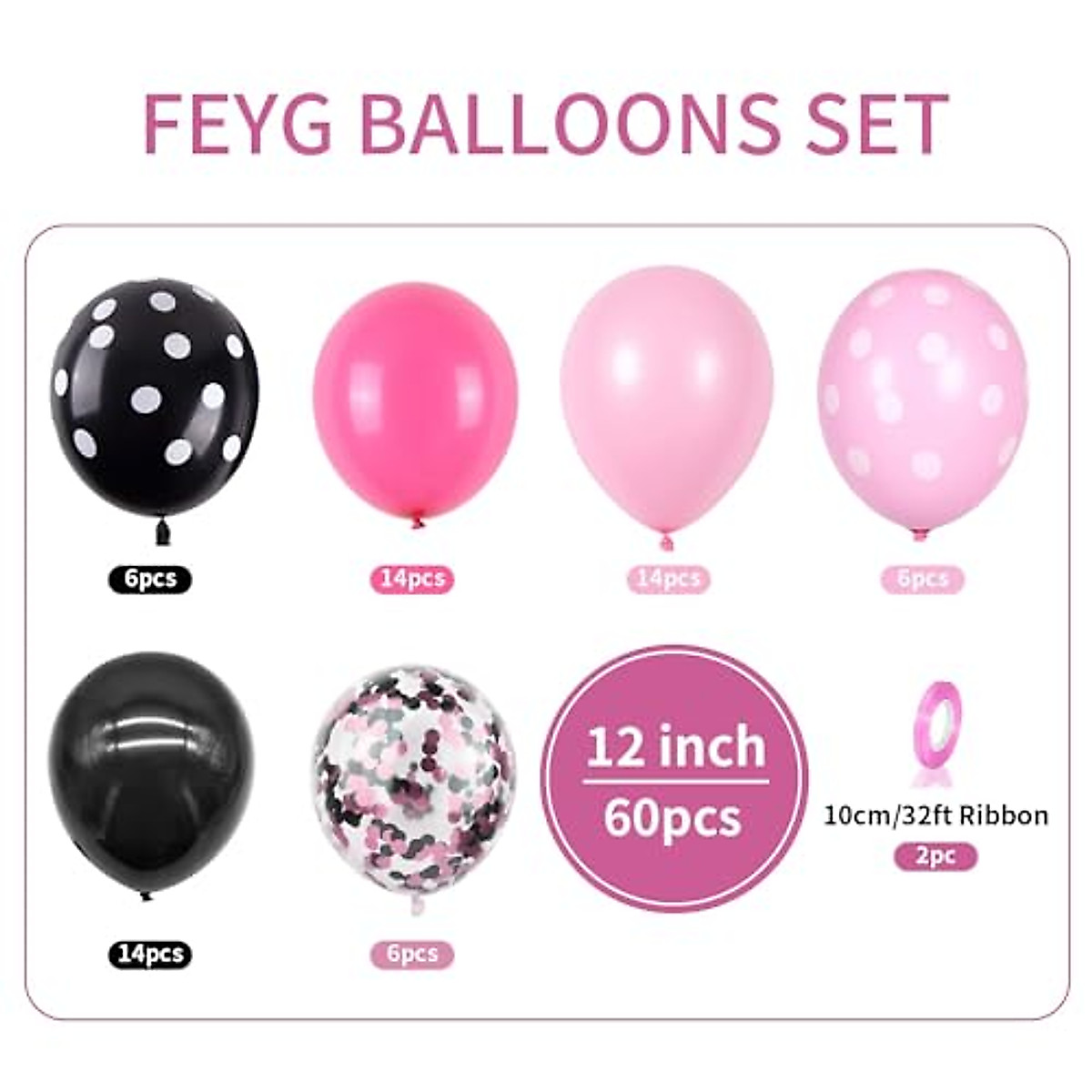 Black Pink Balloons, 60 Pack 12Inch Hot Pink Black White Party Balloons with Polka Dot balloon Confetti Balloons, Black Pink Latex Balloons for Girls Mouse Theme Birthday Party Baby Shower Decoration