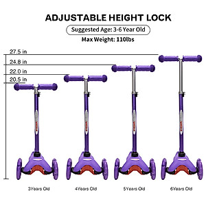 ChromeWheels Scooter for Kids, Deluxe 3 Wheel Scooter for Toddlers 4 Adjustable Height Glider with Kick Scooters, Lean to Steer with LED Flashing Light for Ages 3-6 Girls Boys, Purple