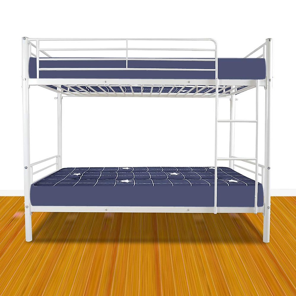 Karl home Bunk Bed Twin Over Twin, Metal Bunk Bed with Built-in Ladder and Safety Guardrail, Space-Saving Twin Bunk Beds for Kids, Teens & Adults, No Box Spring Needed, White