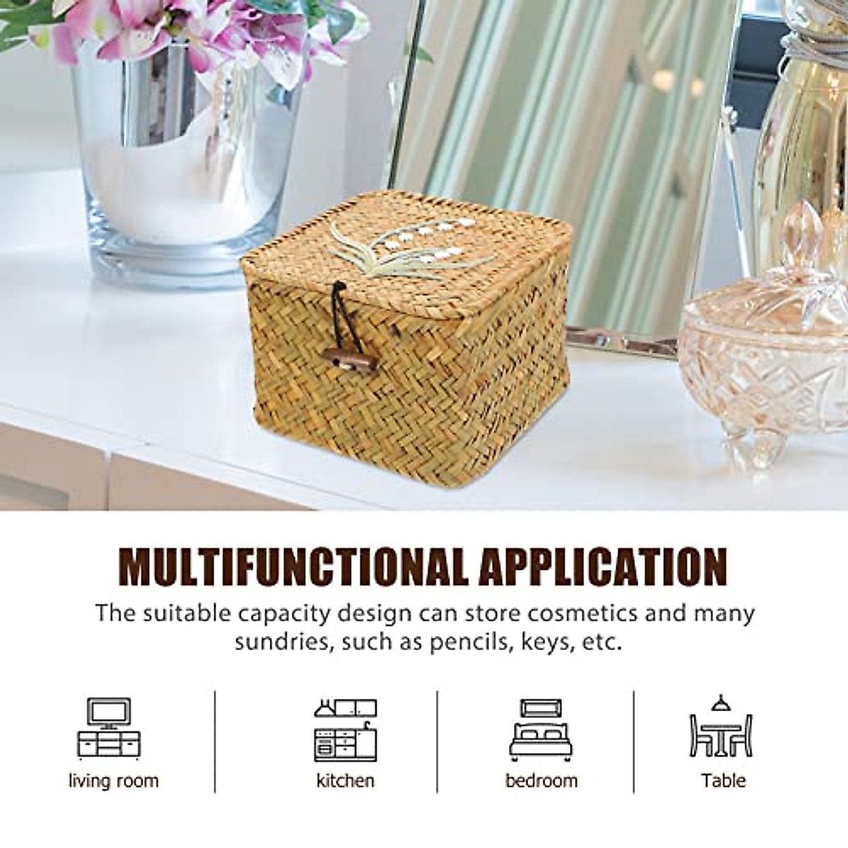Zerodeko Seagrass Woven Storage Bin with Lid, Wicker Storage Basket Flat Rattan Storage Bin Handwoven Sundries Storage Box Square Lidded Box Closet Wardrobe Organizer